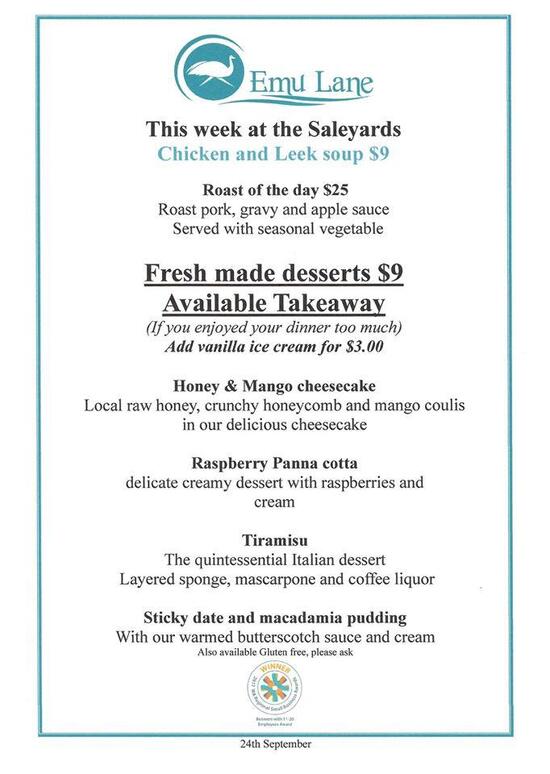 Menu at Emu Lane Coffee Cart cafe, Katanning