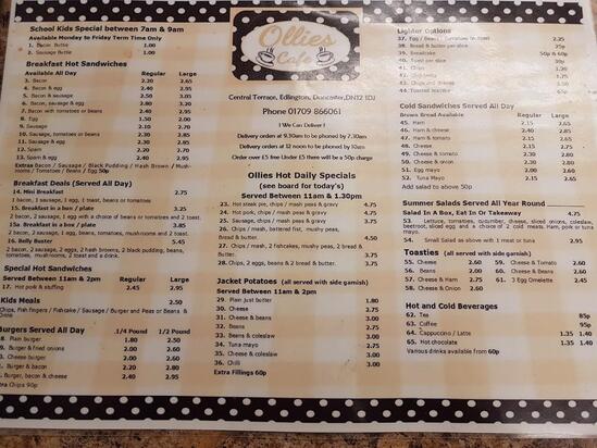 Menu at Ollies Cafe, New Edlington