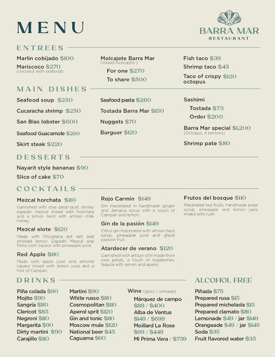 Menu at Barra Mar, Ajijic