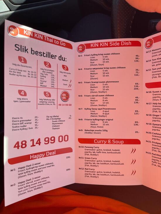 Menu at Kin Kin Thai restaurant, Tønsberg