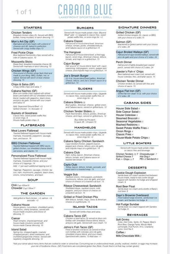 Menu at Cabana Blue Lakefront Sports Bar & Grill, Clay Township