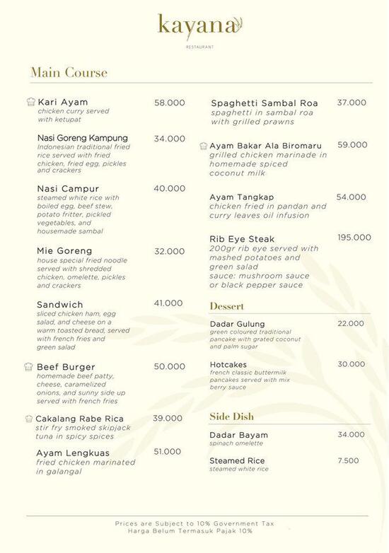 Menu at Kayana Restaurant, Palu