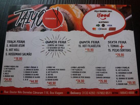 Menu at Taiyo Temakeria restaurant, Recife