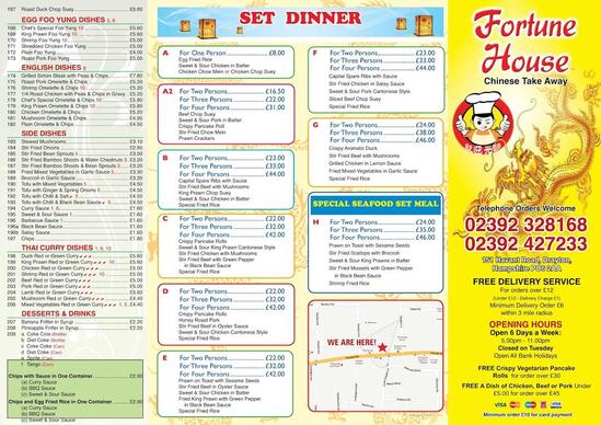 Menu at Fortune House Chinese Take Away（Drayton） restaurant, Portsmouth