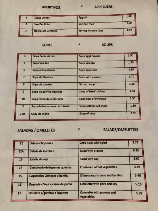 Carta de Restaurante kang le 2 Buffet Coimbra, Coimbra