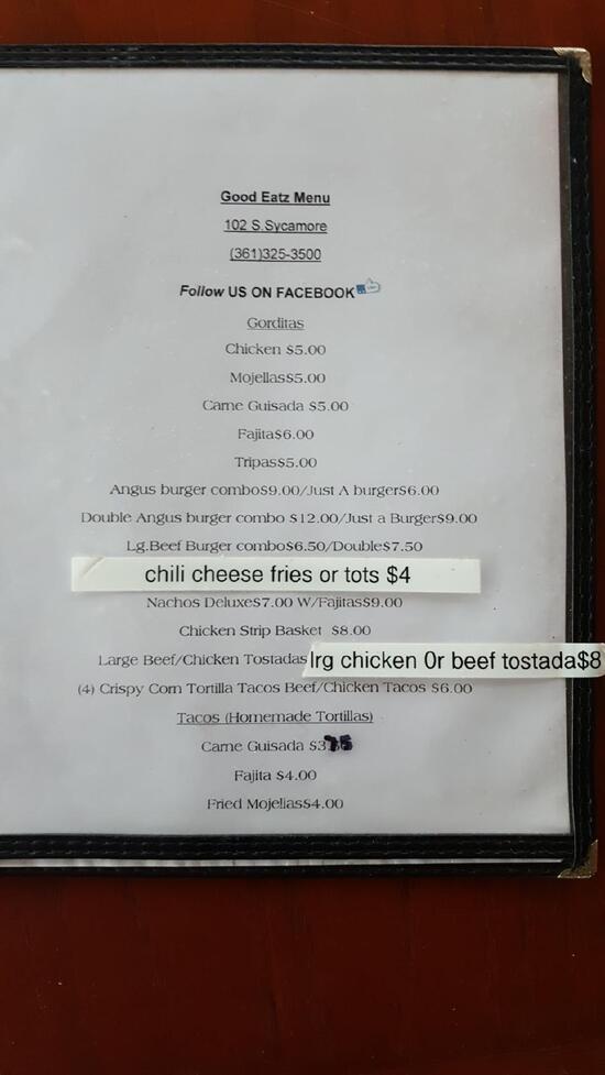 Menu at Good Eatz restaurant, Falfurrias
