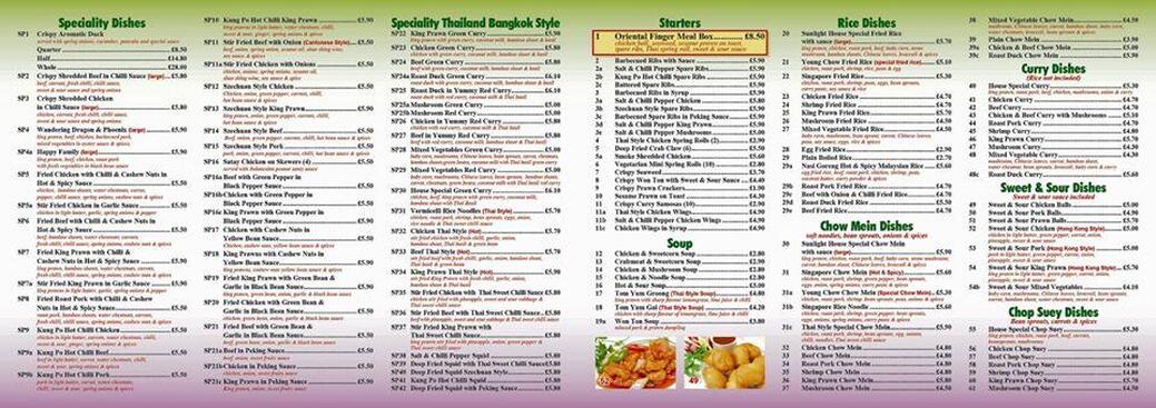Menu at Sunlight Chinese Takeaway restaurant, Sutton Saint James
