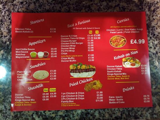 Menu at Kingz Takeaway restaurant, Oldham