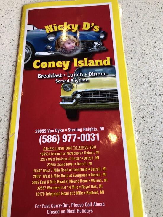 Menu at Nicky D’s Coney Island restaurant, Sterling Heights, Van Dyke Ave