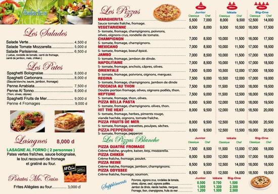 Menu au livraison pizza pizzeria, Tunis, Centre ines