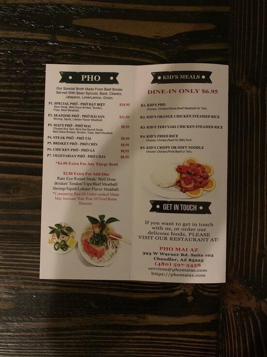 Menu at Pho Mai restaurant, Chandler
