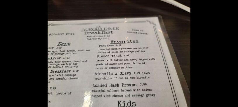 Menu at The Aurora Diner restaurant, Aurora