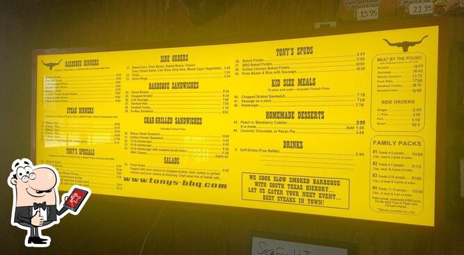 Menu at Tony's BBQ, Anahuac