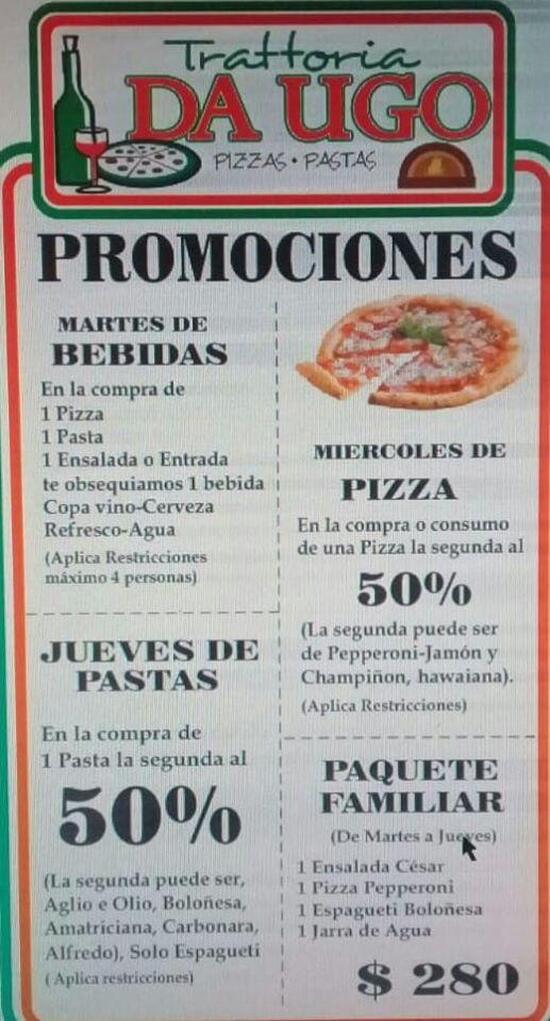 Carta del restaurante Trattoria Da Ugo, Veracruz, Pinzón entre Martí e ...