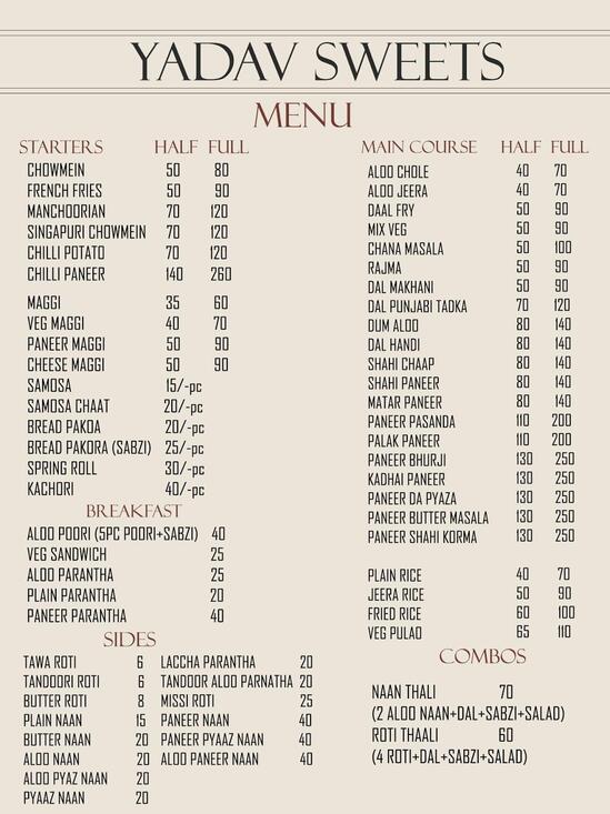 Menu at Yadav Sweets & Restaurant (Mukesh Halwai), New Delhi