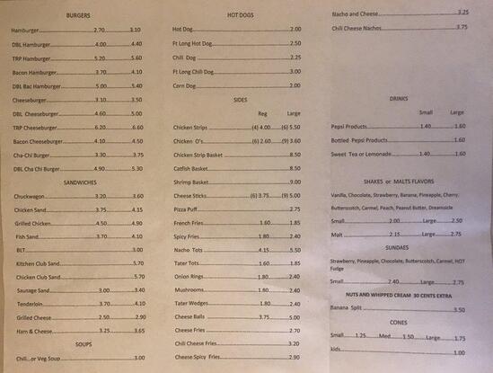 Menu at Mil's Dairy Drive-In pizzeria, Whitesville, KY-54