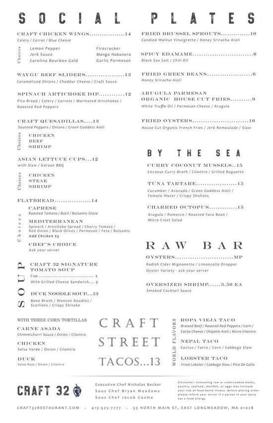 Menu at Craft 32 Restaurant, East Longmeadow