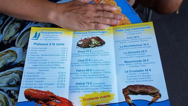 Menu at Poissonnerie La Marine au Cap d'Agde restaurant, Agde