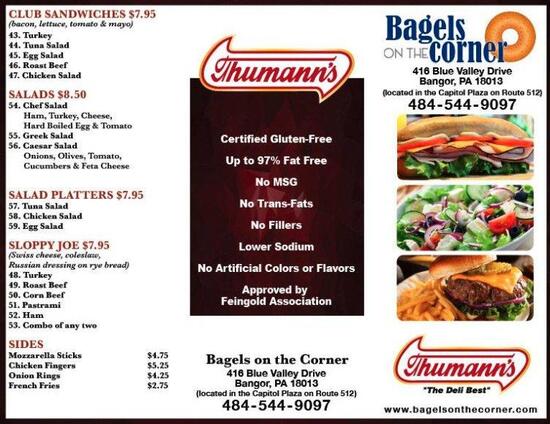 Menu at Bagels on the Corner restaurant, Bangor