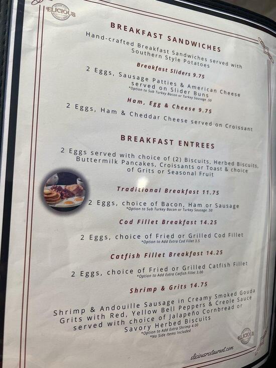 Menu at Elicious Southern Style Breakfast and Brunch restaurant, Ferguson