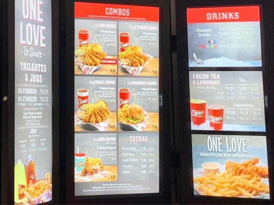 Menu at Raising Cane's fast food, San Diego