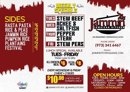 Menu at Jammin Jamaican Kitchen restaurant, Paterson