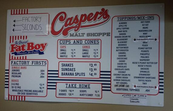 Carta del postres Casper's Ice Cream, Richmond
