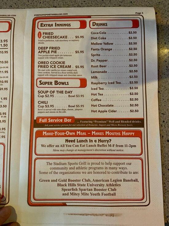 Menu at Stadium Sports Grill pub & bar, Spearfish