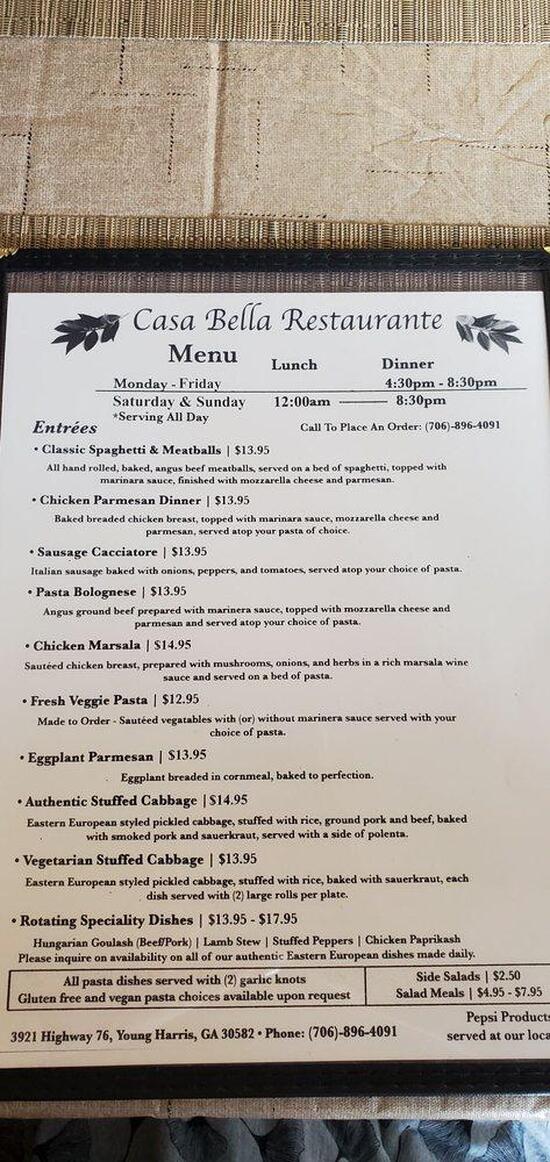 Menu at Casa Bella Restaurante, Young Harris