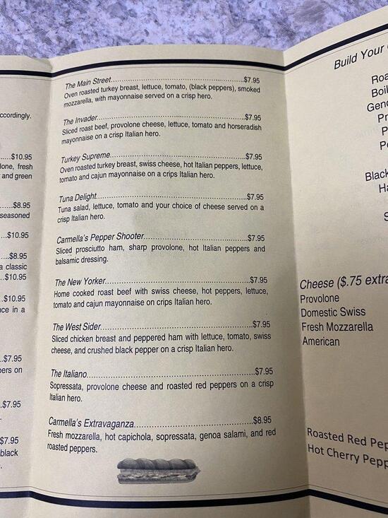 Menu at Carmellas Italian Deli restaurant, Scranton