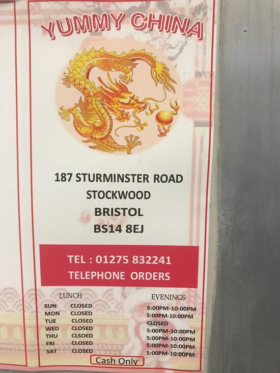 Menu at Yummy China restaurant, Bristol