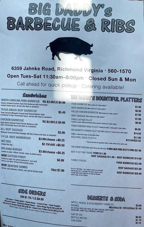 Menu at Big Daddy's Barbecue & Ribs, Richmond