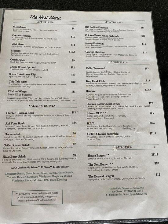 Menu at The Nest at Grey Hawk restaurant, LaGrange