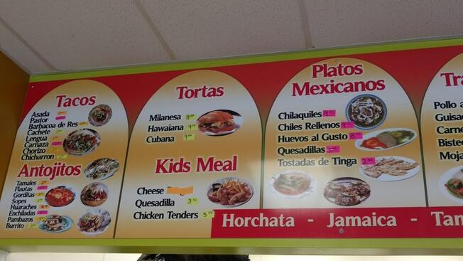 Menu at Tacos Don Marcos restaurant, Angier