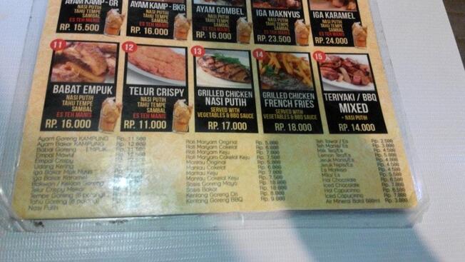 Menu at Sego Sambel Miroso restaurant, Surabaya