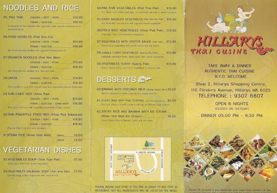 Menu at Hillarys Thai Cuisine restaurant, Hillarys
