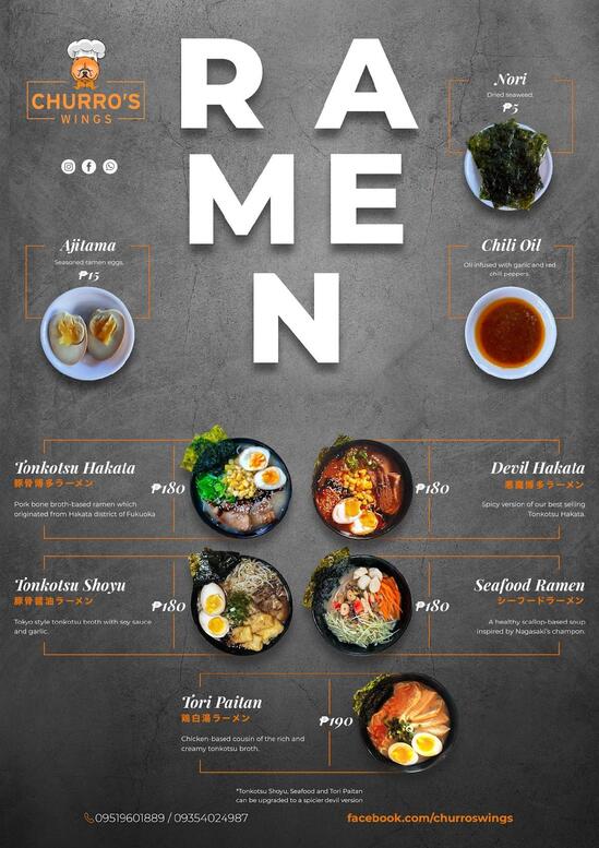Menu at Churro's Wings restaurant, Masinloc