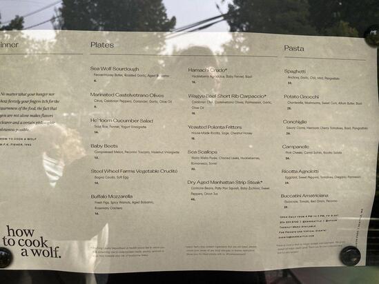 Menu at How To Cook A Wolf restaurant, Seattle, E Madison St