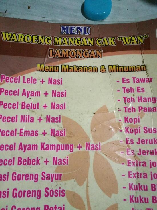 Menu at RM Cak Wan Lamongan restaurant, Sintang