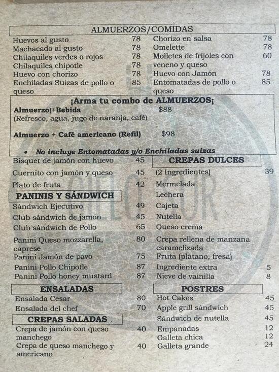 Menu at Cielo Sur cafeteria, Monterrey