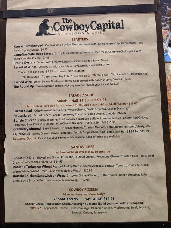 Menu at The Cowboy Capital Saloon & Grill pub & bar, Dodge City