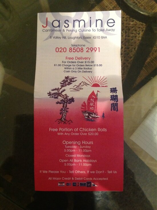 Menu at Jasmine fast food, Loughton, 8 Valley Hill