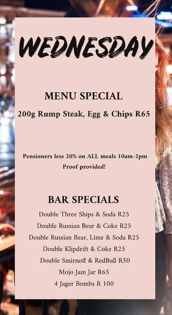 Menu at The Wreck restaurant, Port Edward