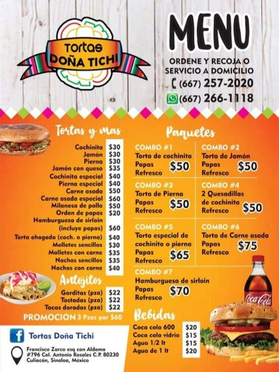 Menu at Tortas Doña Tichi restaurant, Culiacán