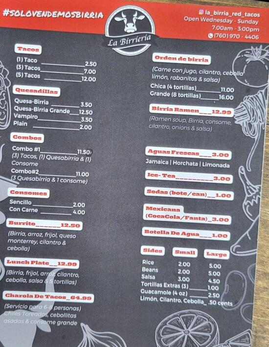Menu at La Birrieria Red Tacos restaurant, El Centro