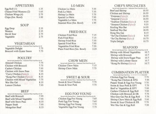 Menu at Wong's Chinese Restaurant, Salisbury