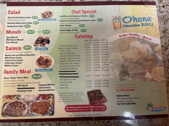Menu at Ohana Hawaiian BBQ, Suisun City