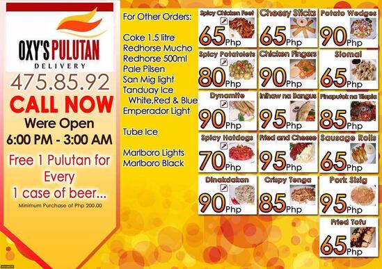 Menu at Oxy's Pulutan Delivery, Philippines