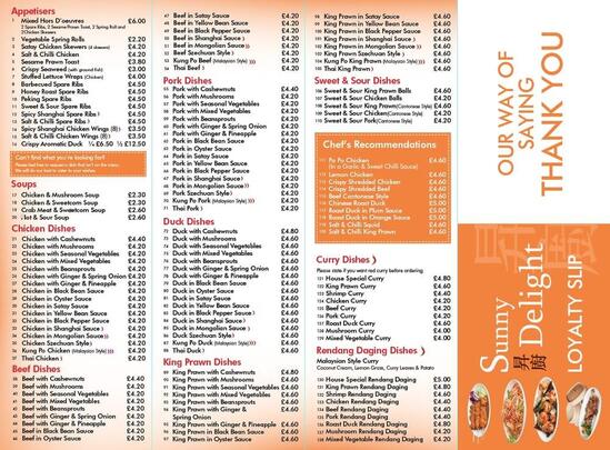 Menu at Sunny Delight Oriental Takeaway restaurant, Bridgend