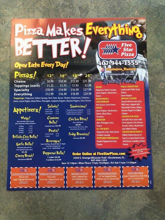Menu at Five Star Pizza-Kissimmee pizzeria, Kissimmee, S Orange Blossom ...